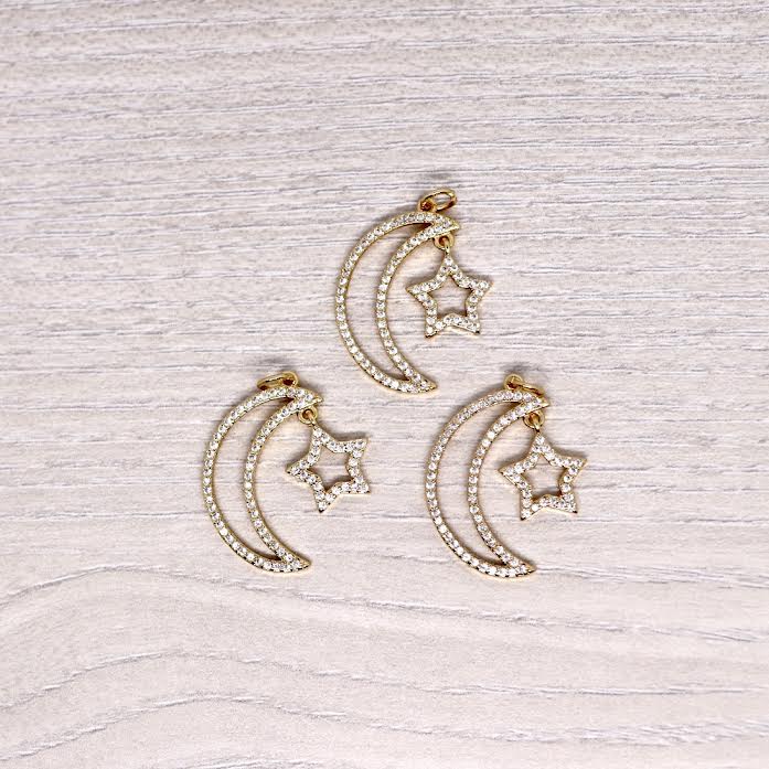 Micro Pave Crescent Moon with Hanging Star – Beads And Wires